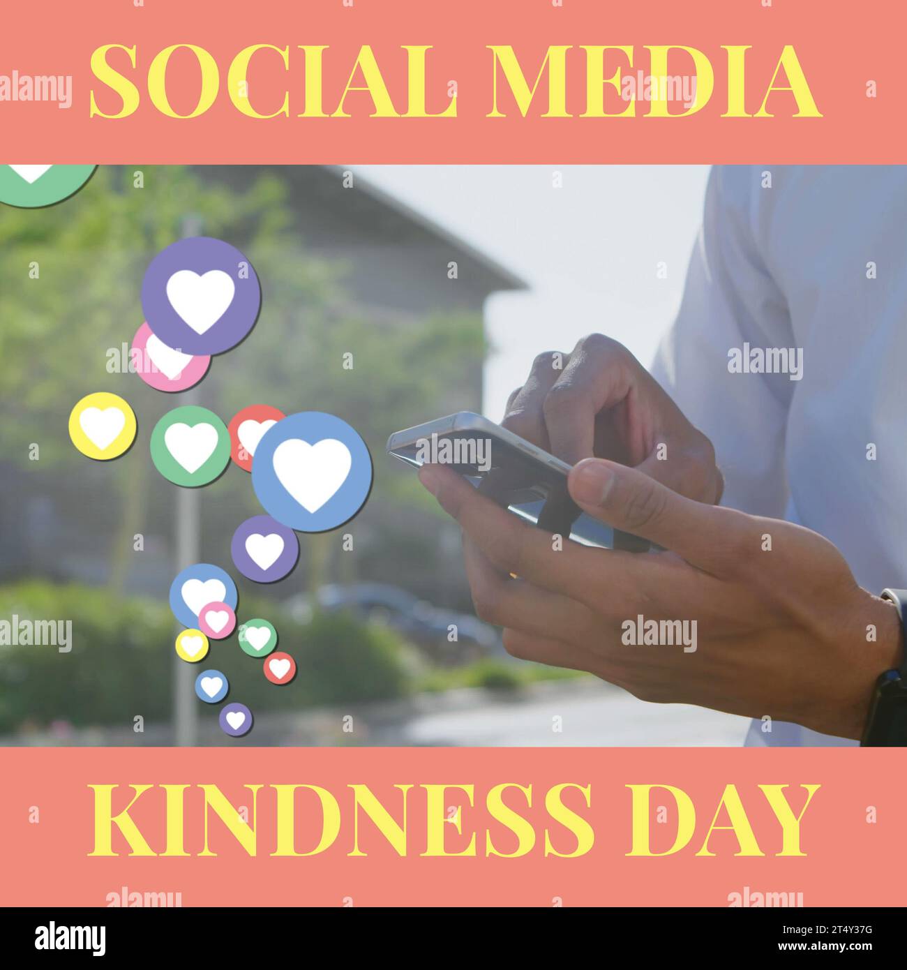 Social media kindness day text and hands of biracial businessman using ...