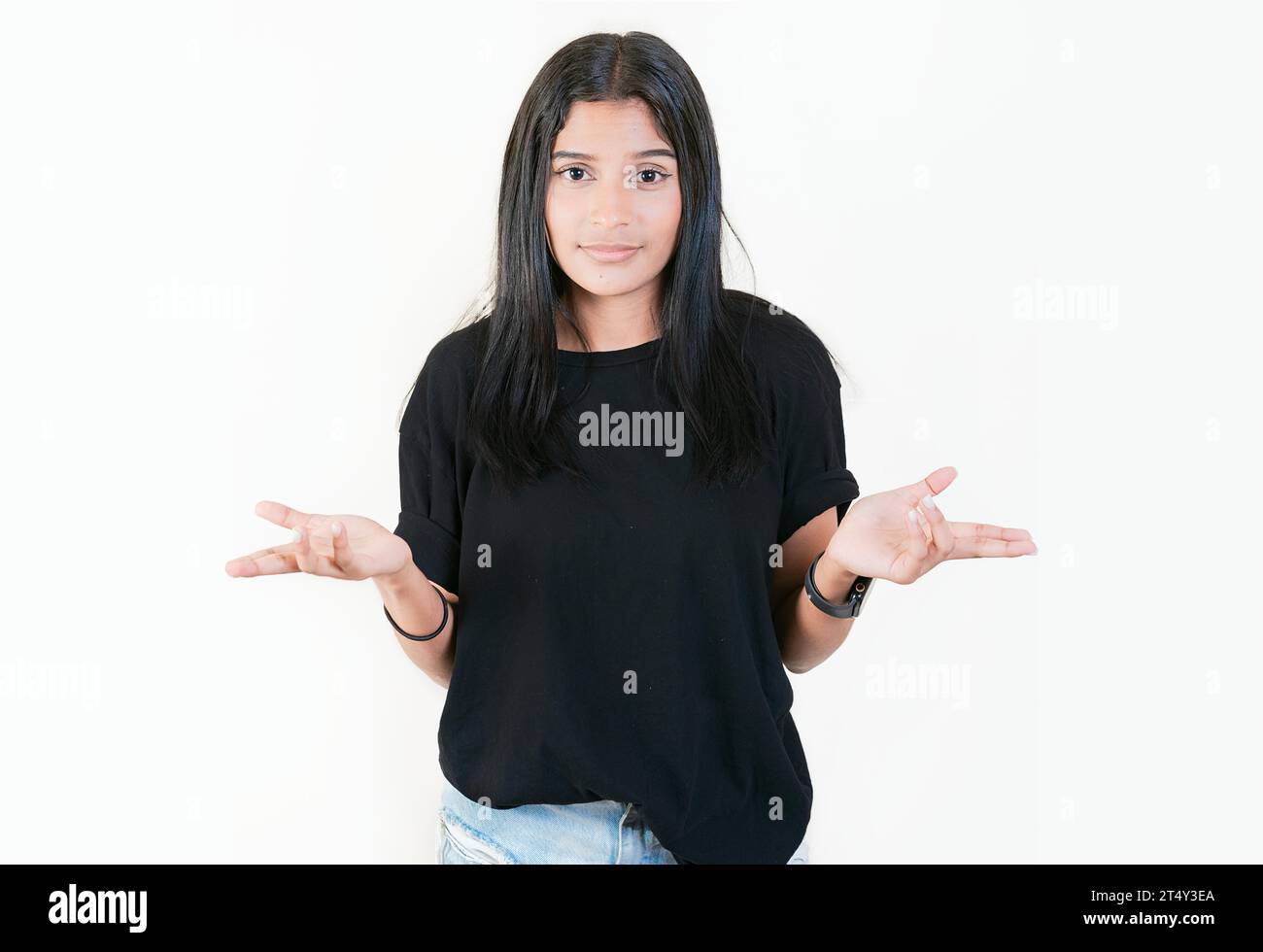 Girl with puzzled face frowning. Puzzled people making hand gestures ...