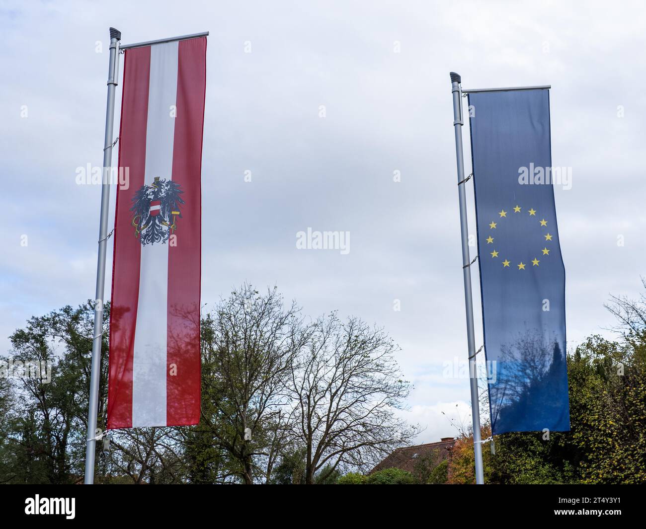 Flags of Austria and the EU, Bad Radkersburg, Thermenland, Styria ...