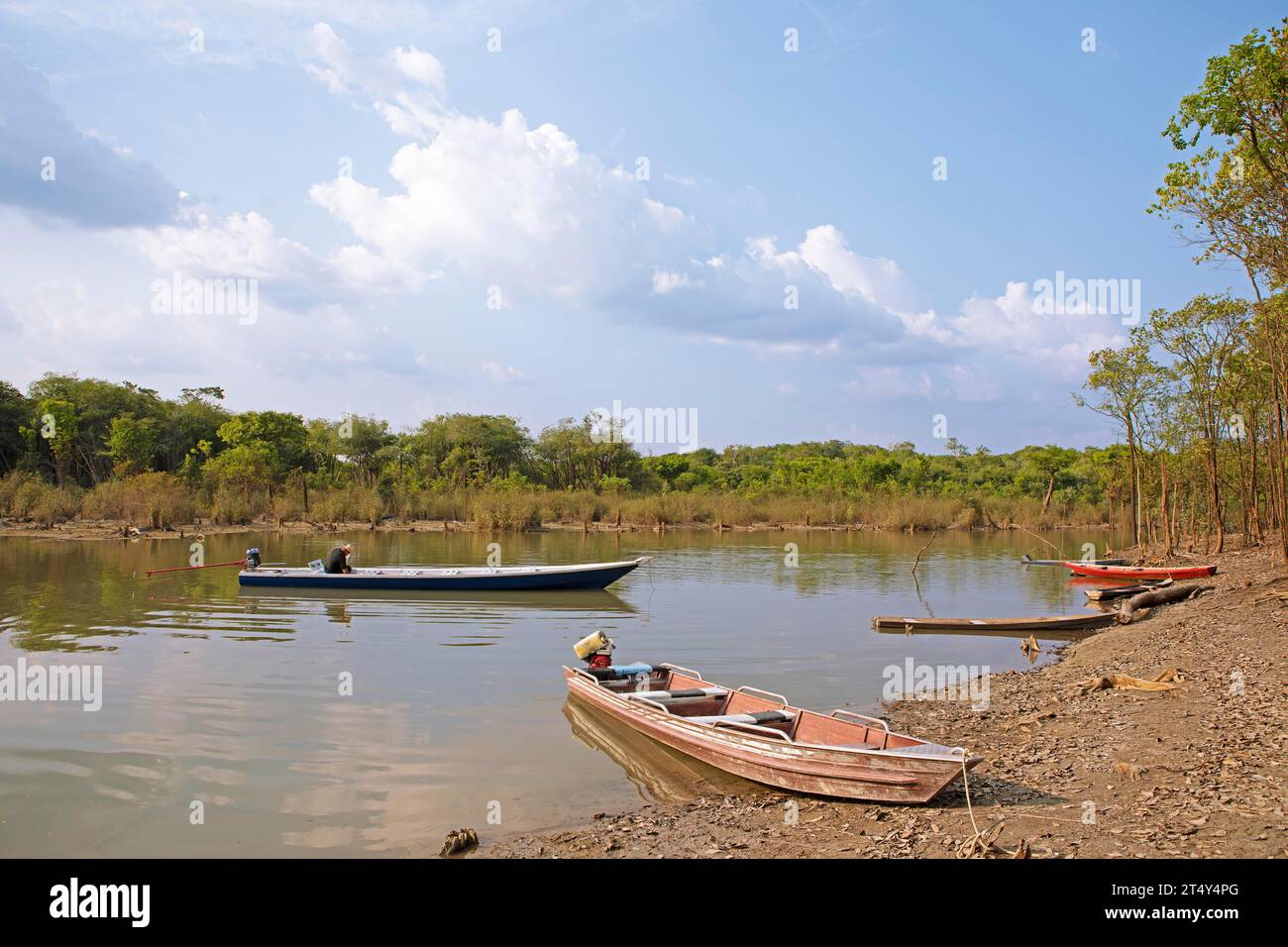 Boats on the Rio Amazonas at low water level, Amazonas state, Brazil ...