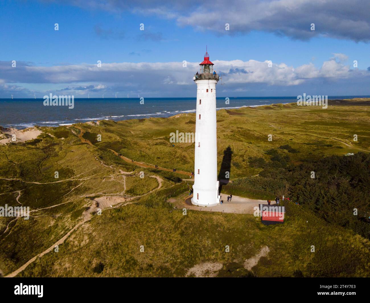 Aerial view, lighthouse, Lyngvig Fyr, dune, Holmsland Klit, Jutland ...