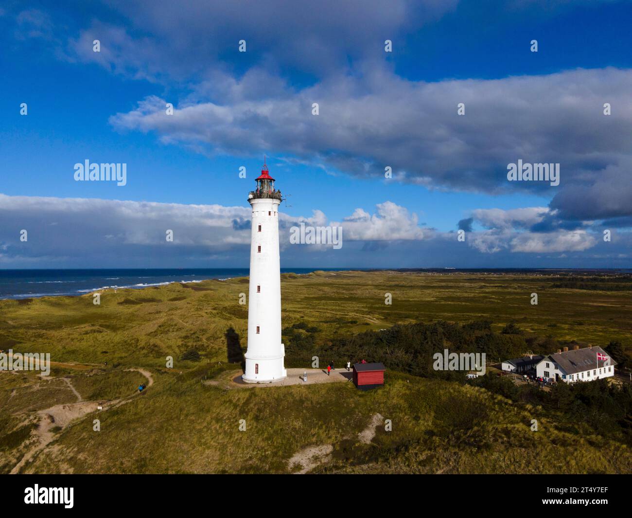 Aerial view, lighthouse, Lyngvig Fyr, dune, Holmsland Klit, Jutland ...
