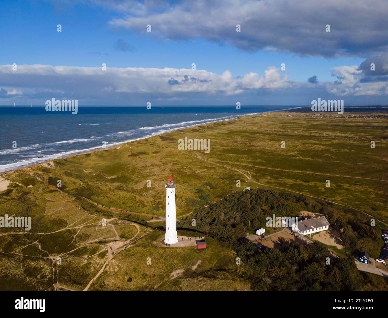 Aerial view, lighthouse, Lyngvig Fyr, dune, Holmsland Klit, Jutland ...