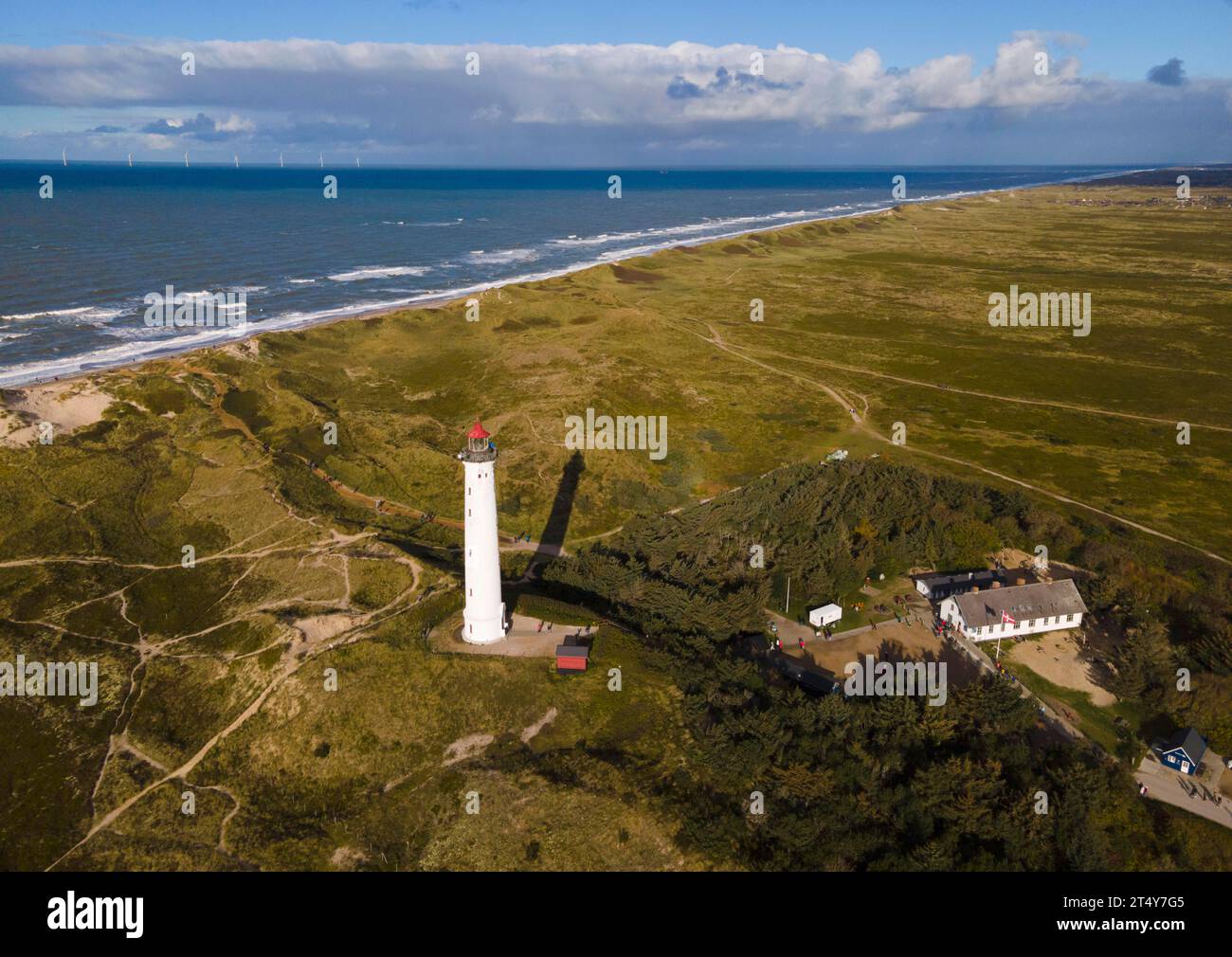 Aerial view, lighthouse, Lyngvig Fyr, dune, Holmsland Klit, Jutland ...