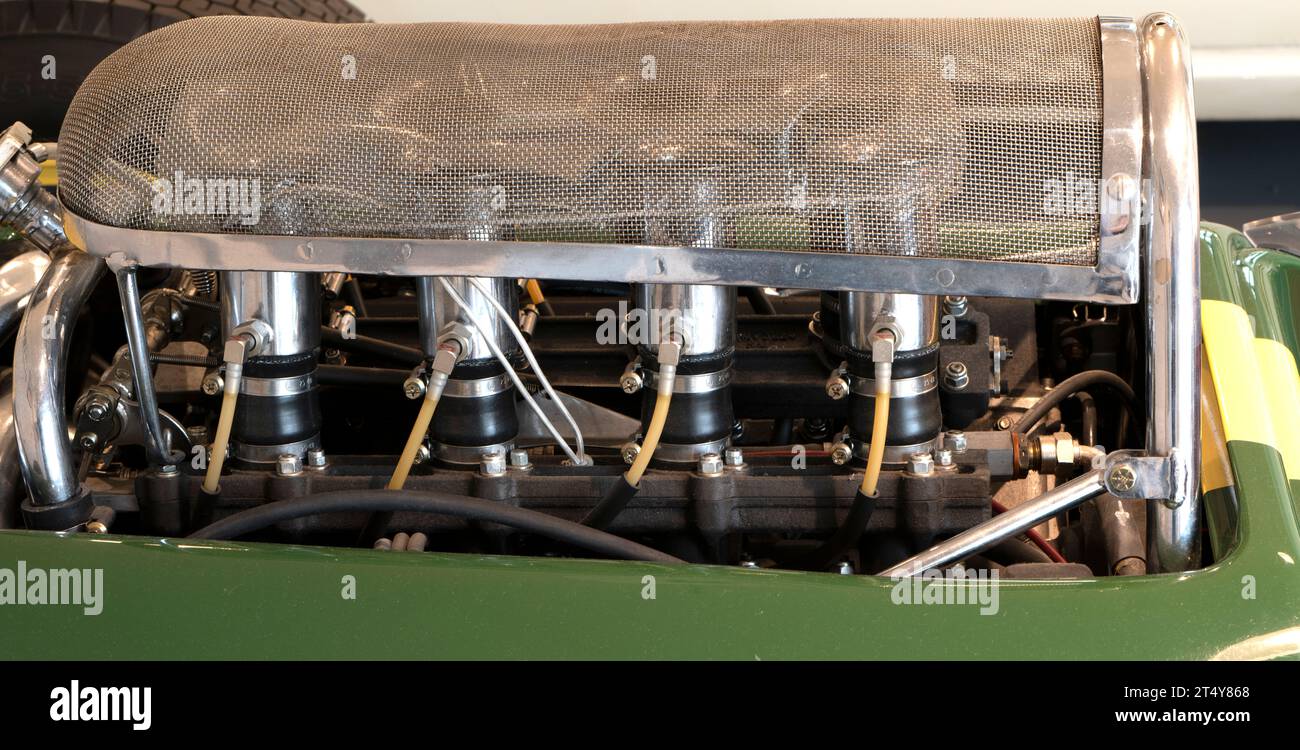 Engine detail on a Lotus 25 R6 racing car an exhibit at at the Jim ...