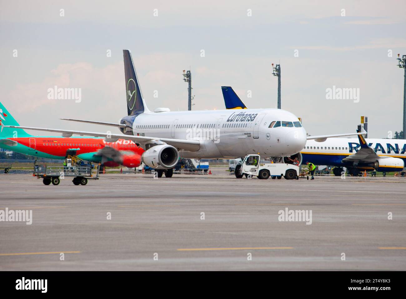 Passenger plane of the German airline Lufthansa D-AIDB. Airport apron ...