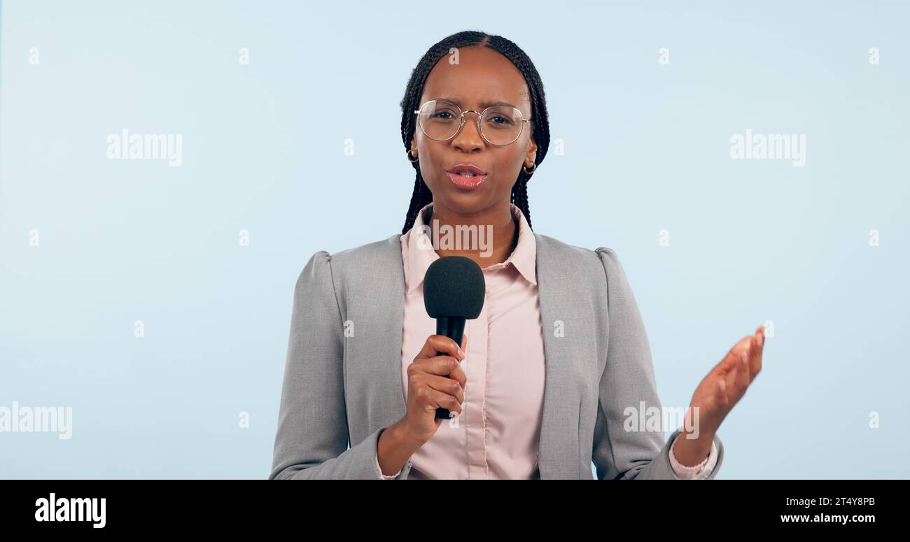 News reporter woman, microphone and studio portrait for speech ...
