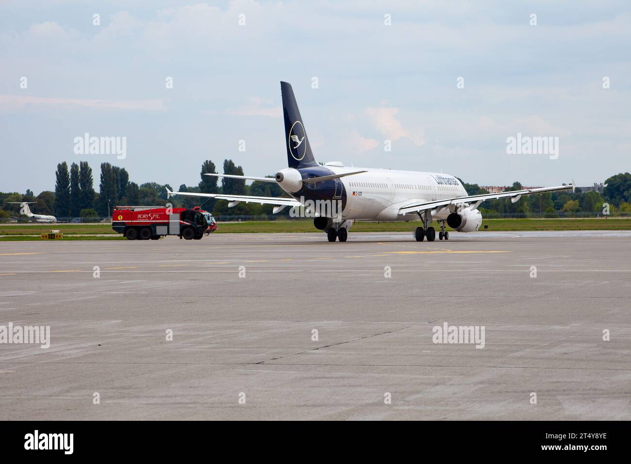 Passenger plane of the German airline Lufthansa D-AIDB. Airport apron ...