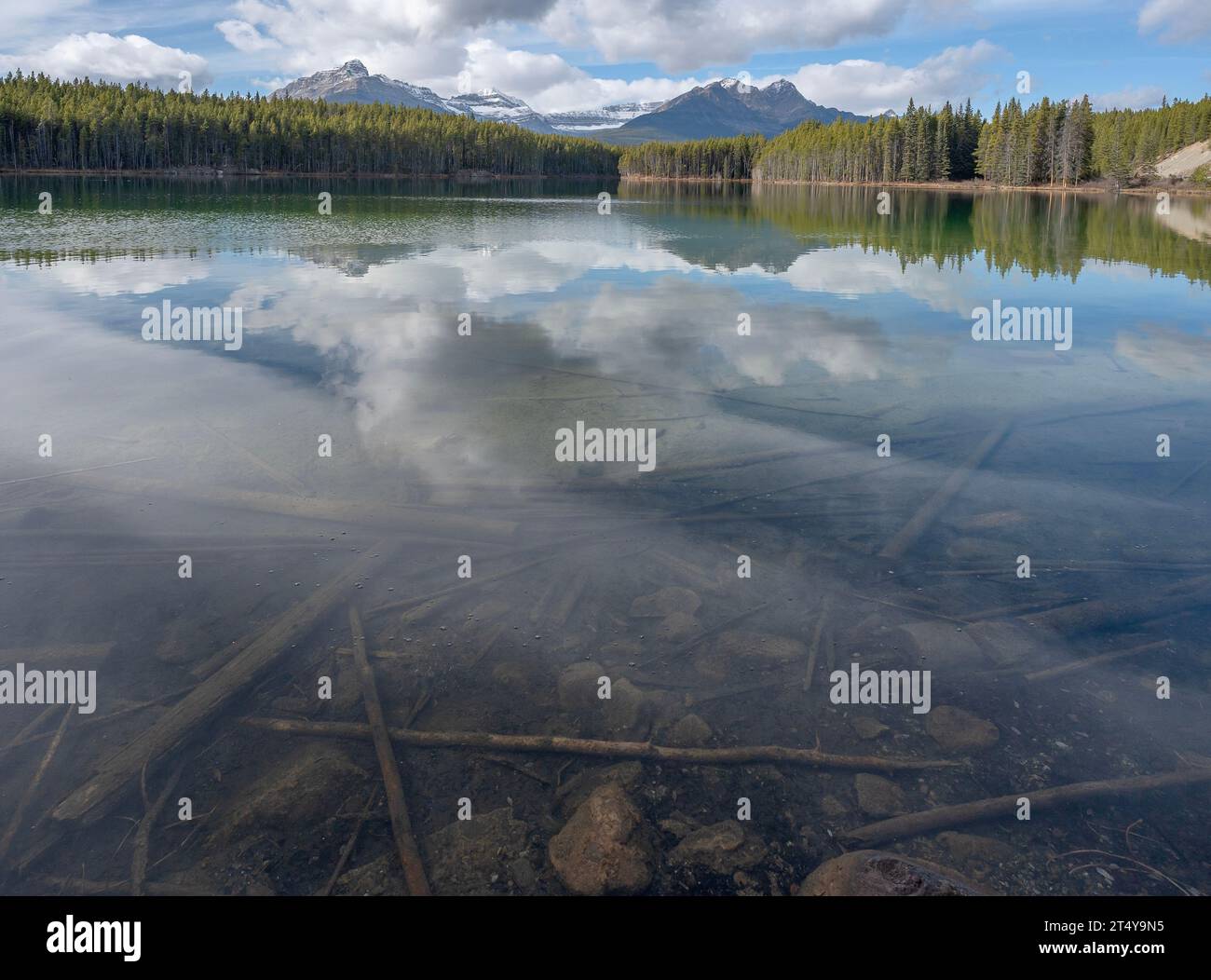 Mountain reflections in Herbert Lake in Banff National Park, Alberta ...