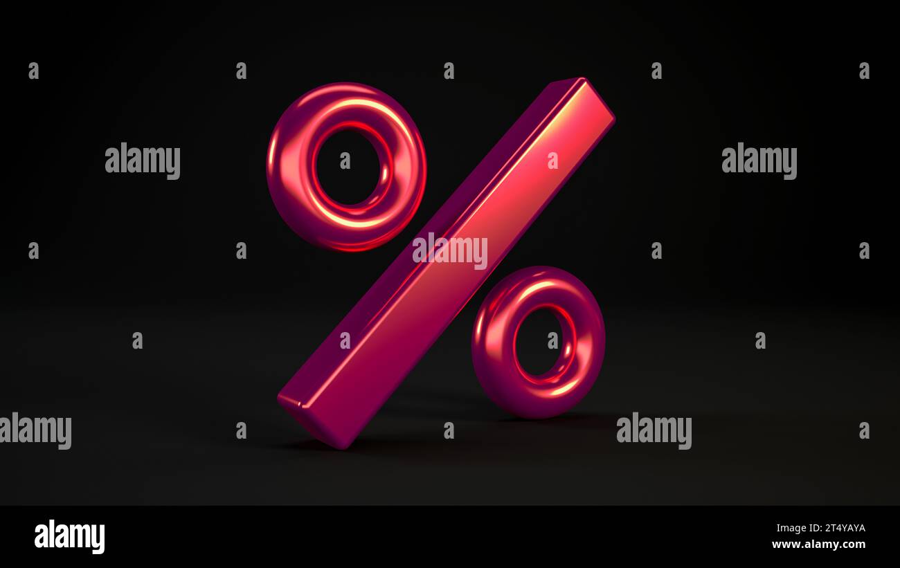 Red percent sign or symbol isolated on black background, 3d render ...