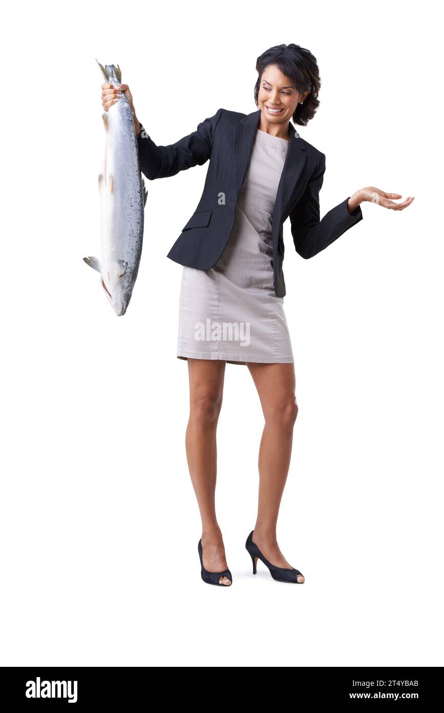 Shrug, business and a woman with a fish on a white background for ...