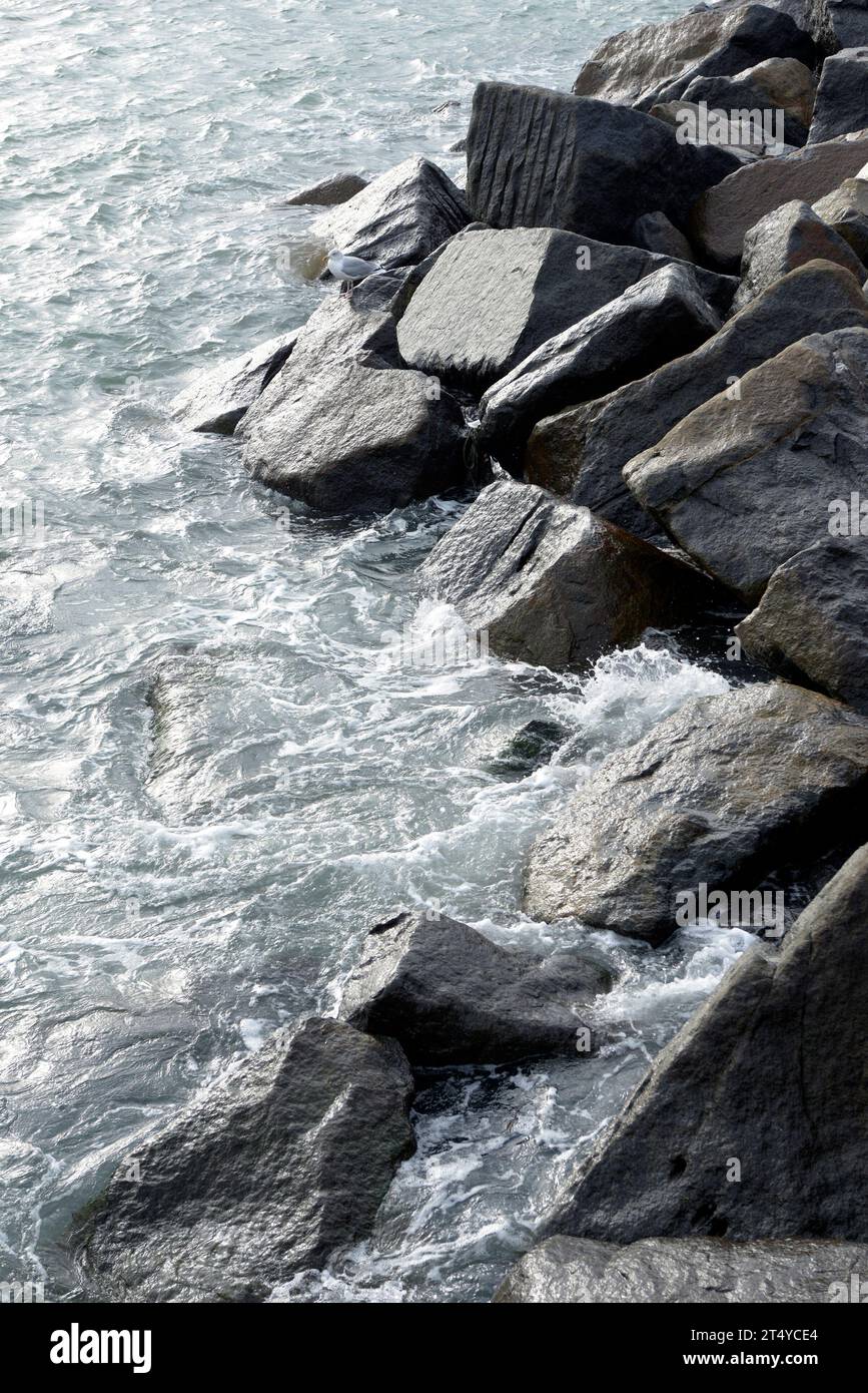 Rock armour against the East Pier at West Bay Stock Photo - Alamy