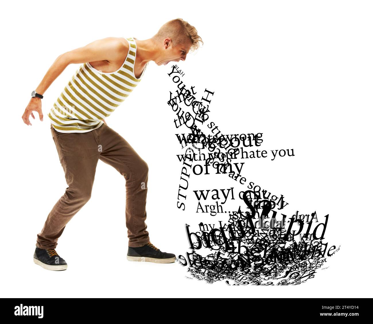 Angry, white background and a man with negative words for depression ...