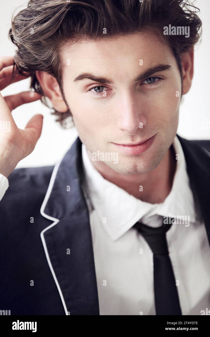 Fashion, smile and portrait of man in a studio with formal, classy and ...