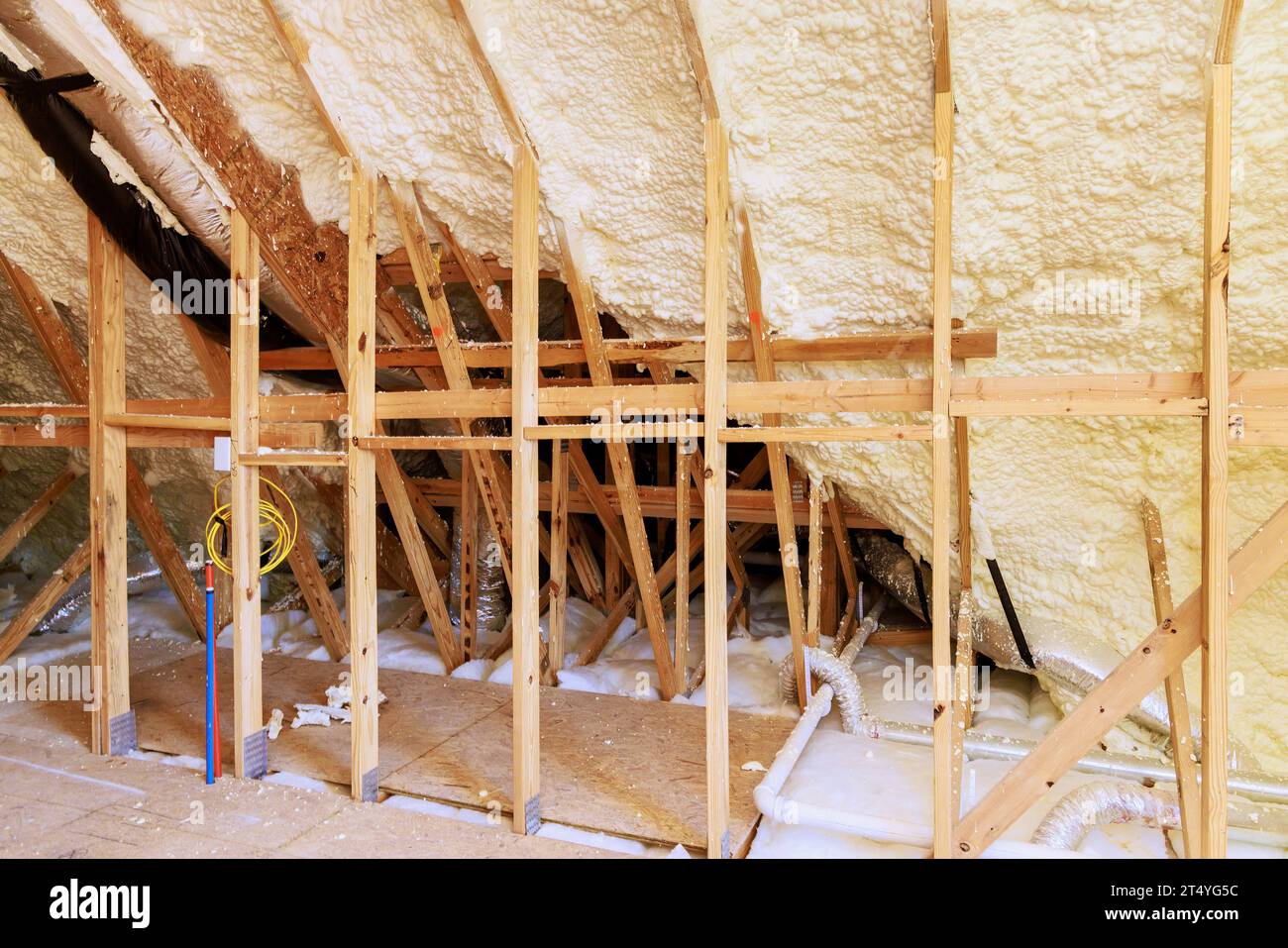 Wall is spray foam thermal hydro insulation in under construction new ...