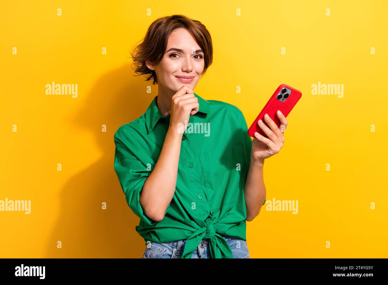 Photo of smart clever girl dressed green shirt typing modern gadget ...