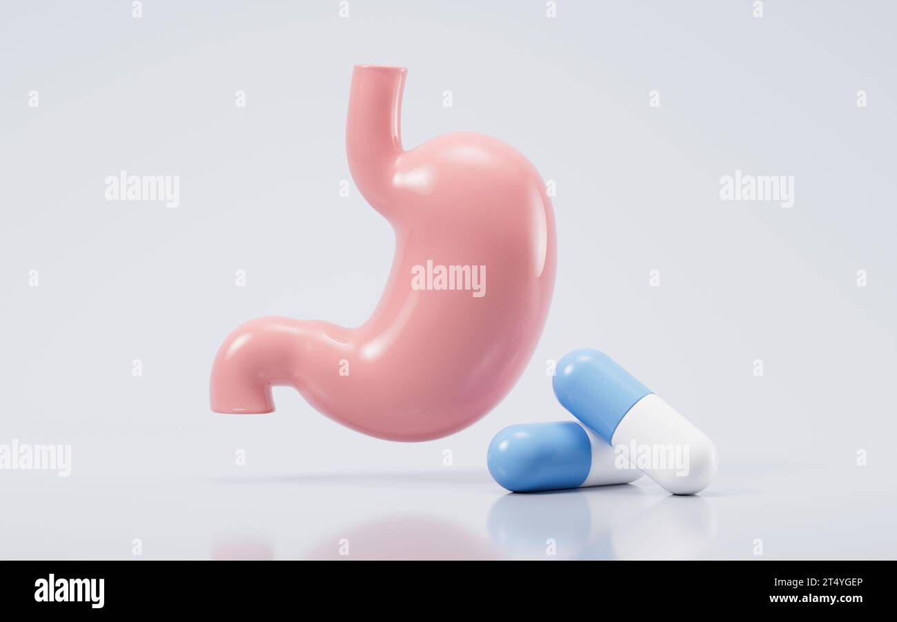 Human stomach and medicine capsules, 3d rendering. 3D illustration ...