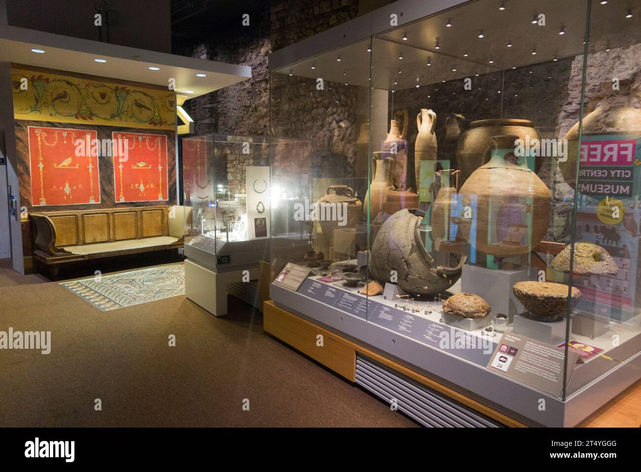 Roman artefacts including ceramic pottery ceramics in case exhibition ...