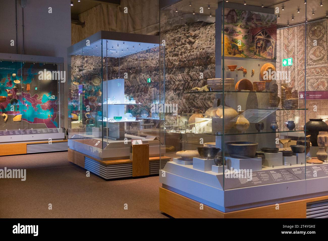 Roman artefacts including ceramic pottery ceramics in case exhibition ...