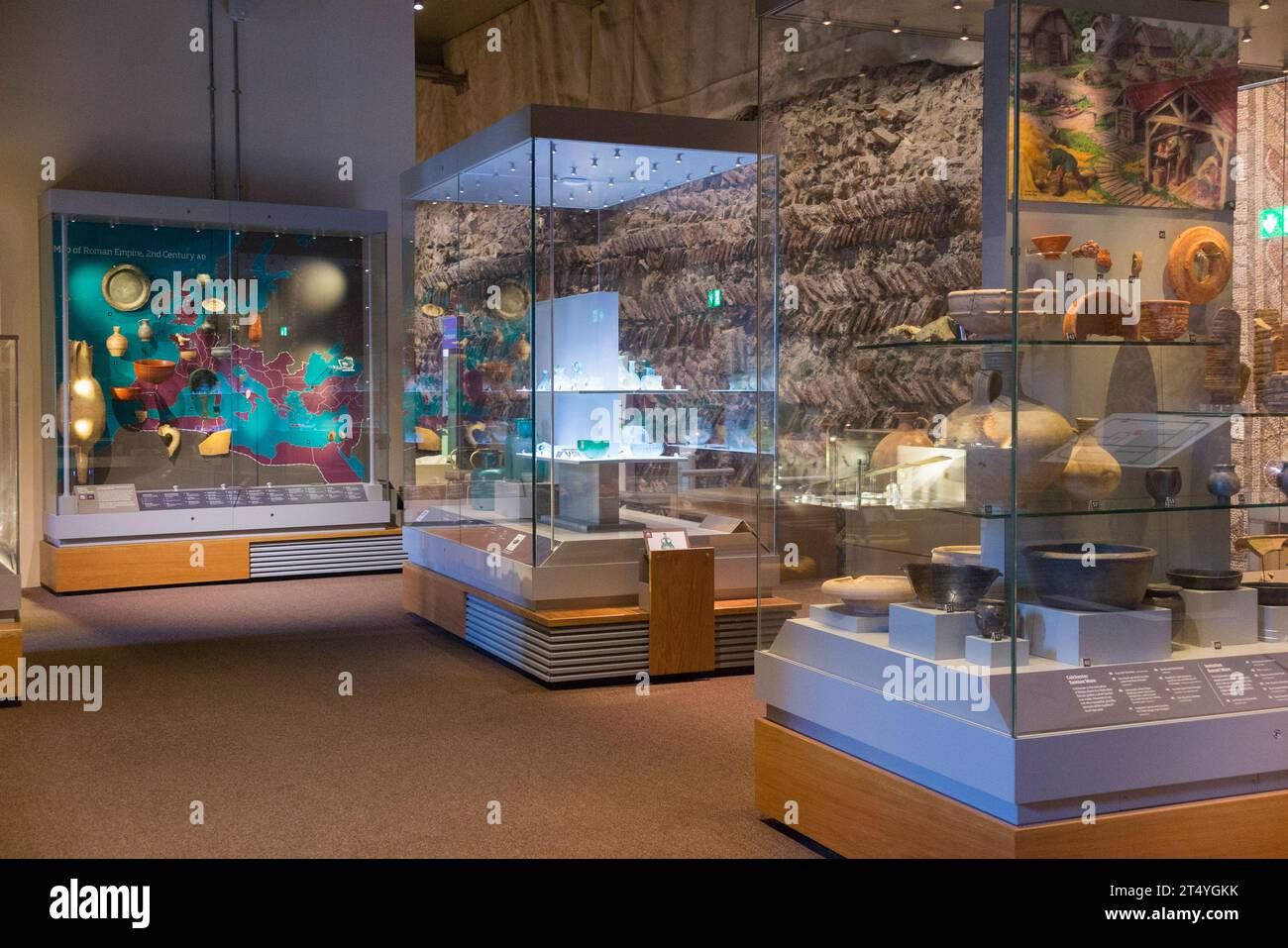Roman artefacts including ceramic pottery ceramics in case exhibition ...