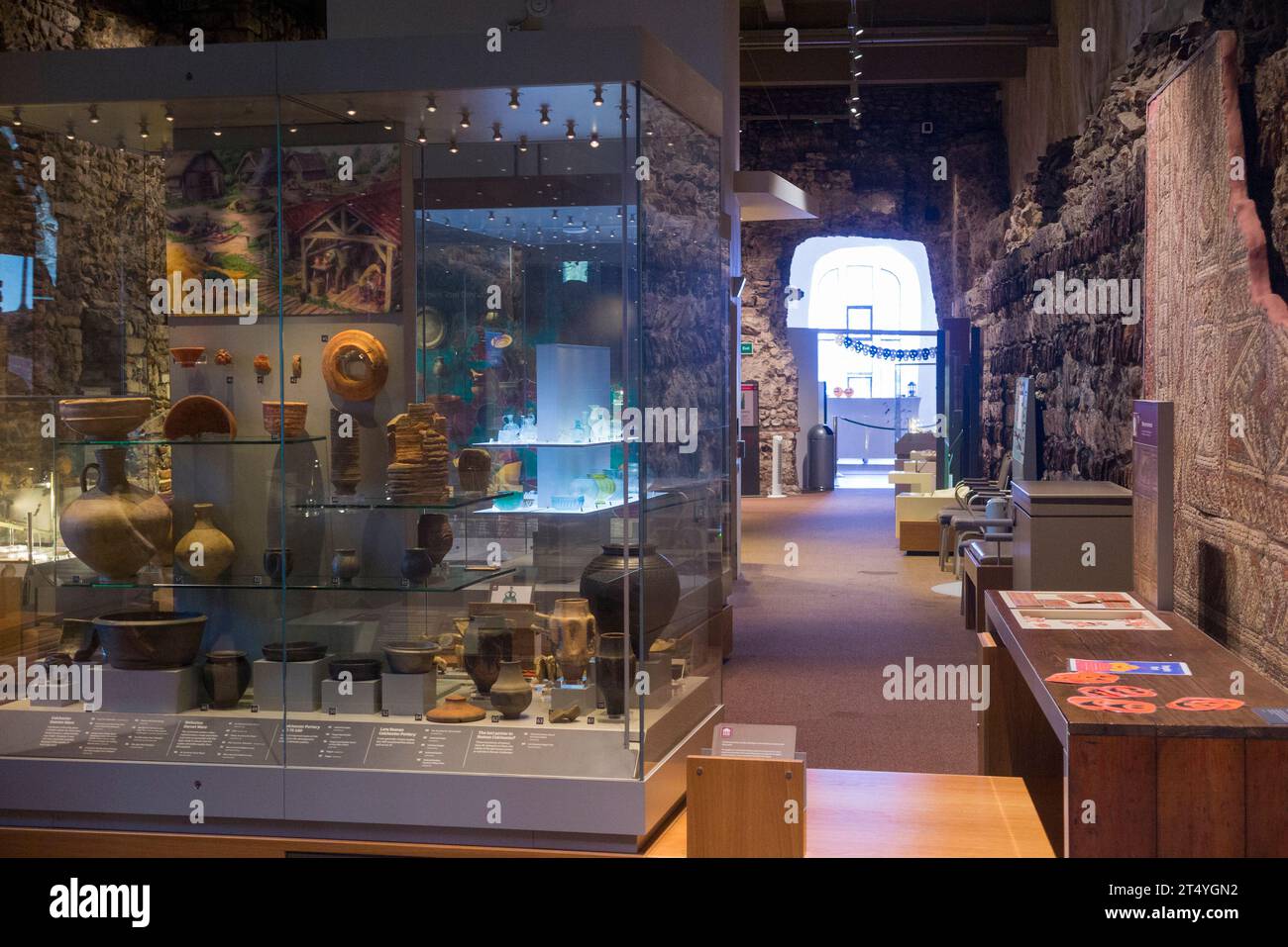 Roman artefacts including ceramic pottery ceramics in case exhibition ...