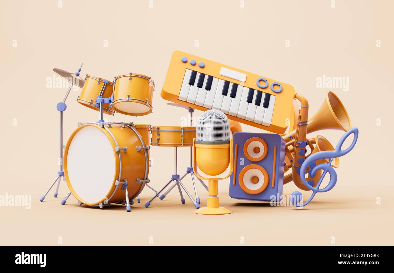 Music instruments with cartoon style, 3d rendering. 3D illustration ...