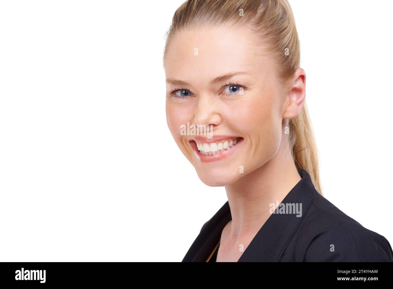 Portrait, smile and space with a business woman in studio isolated on a ...