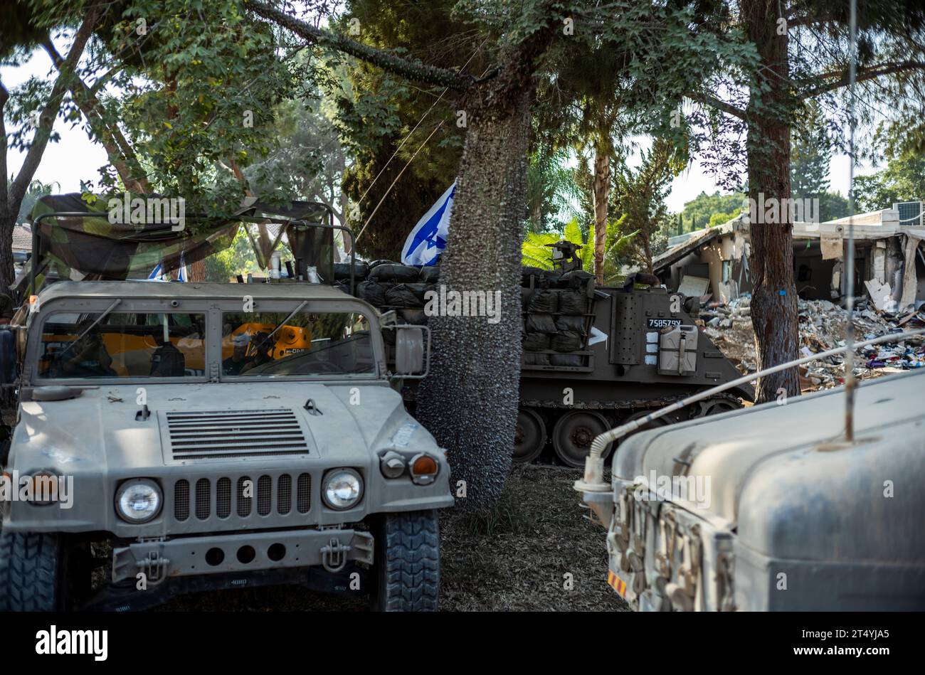 Kfar Aza, Israel. 02nd Nov, 2023. Military vehicles are seen is seen in ...