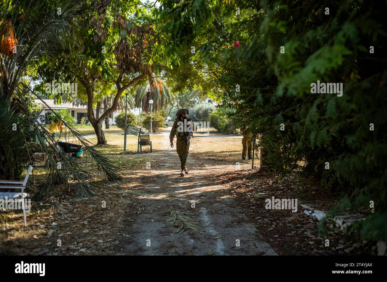 Kfar Aza, Israel. 02nd Nov, 2023. An Israeli Soldier patrols an area in ...