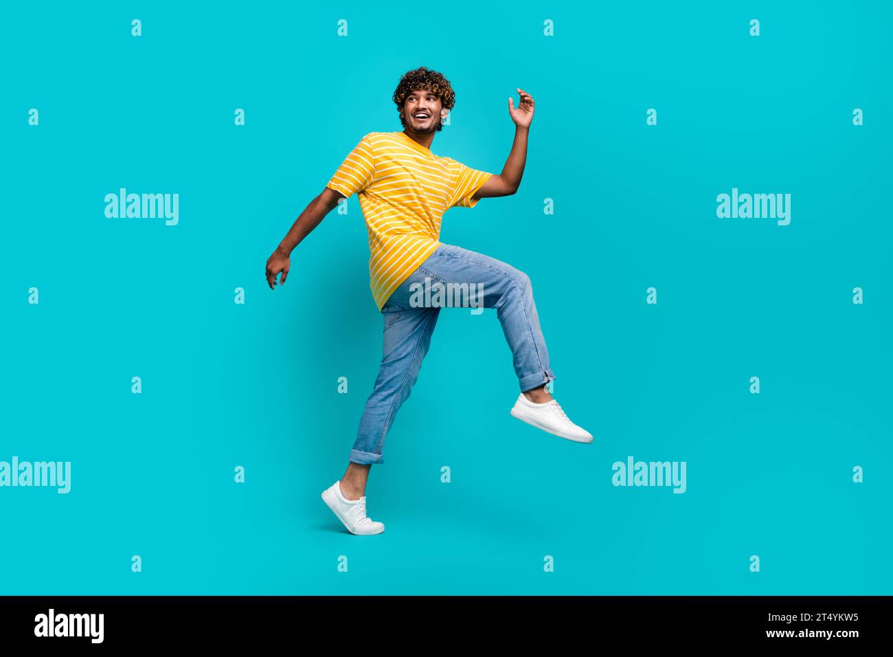 Full size portrait of positive nice person walk look empty space advert ...