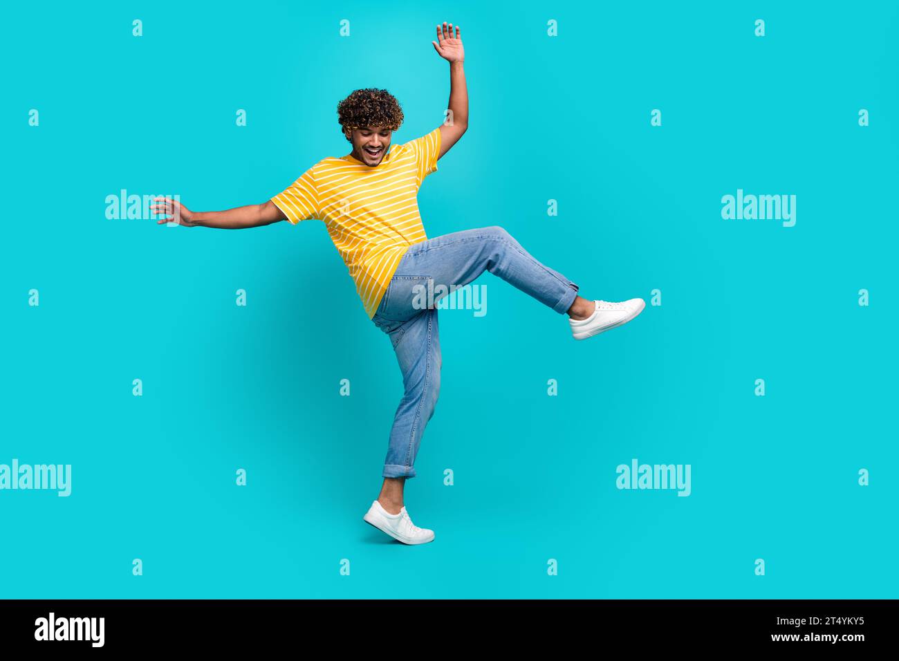 Full body portrait of carefree cheerful man have good mood dancing ...