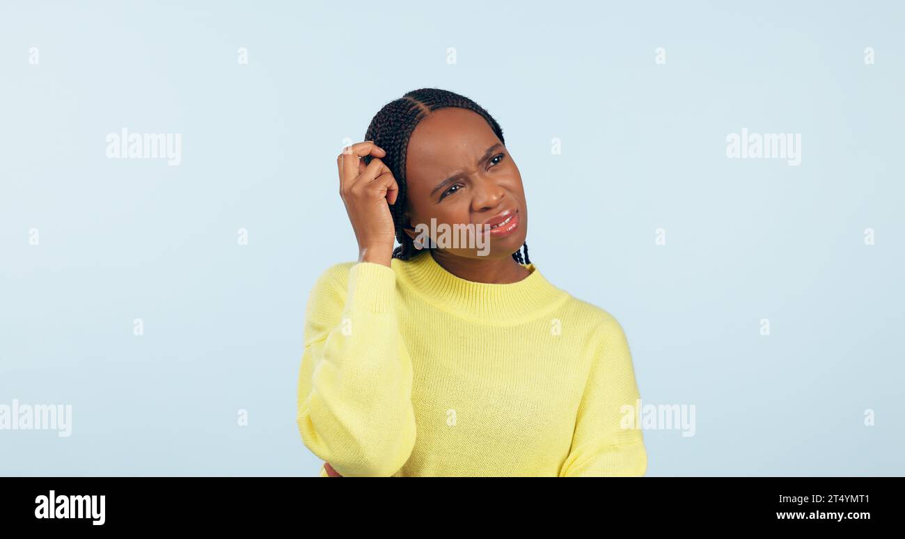 Confused woman, scratch head and thinking in studio of questions ...
