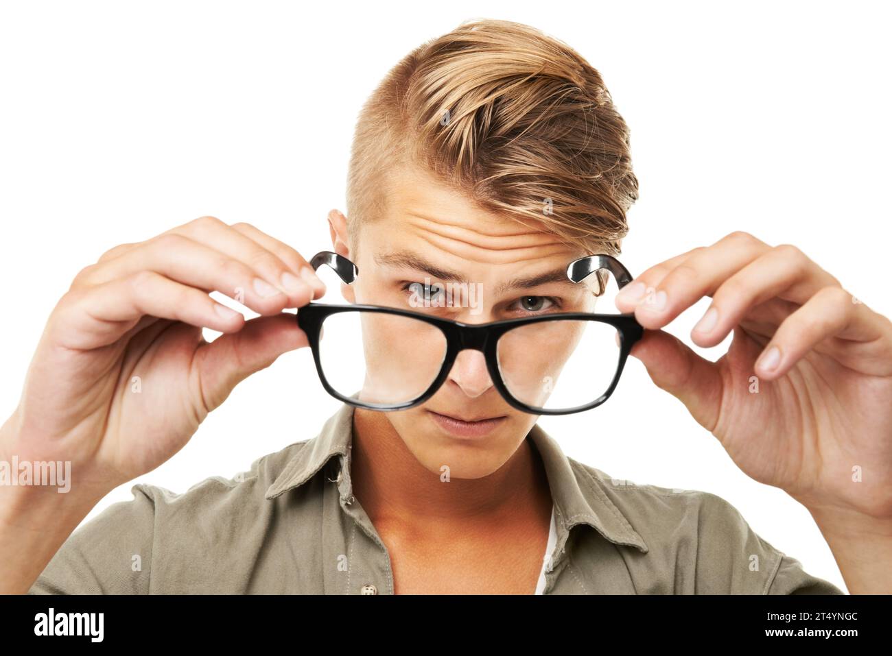 Perspective, portrait and a man with glasses on a white background for ...