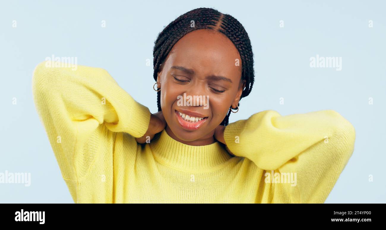 Black woman, neck pain and inflammation with injury, strain and ...