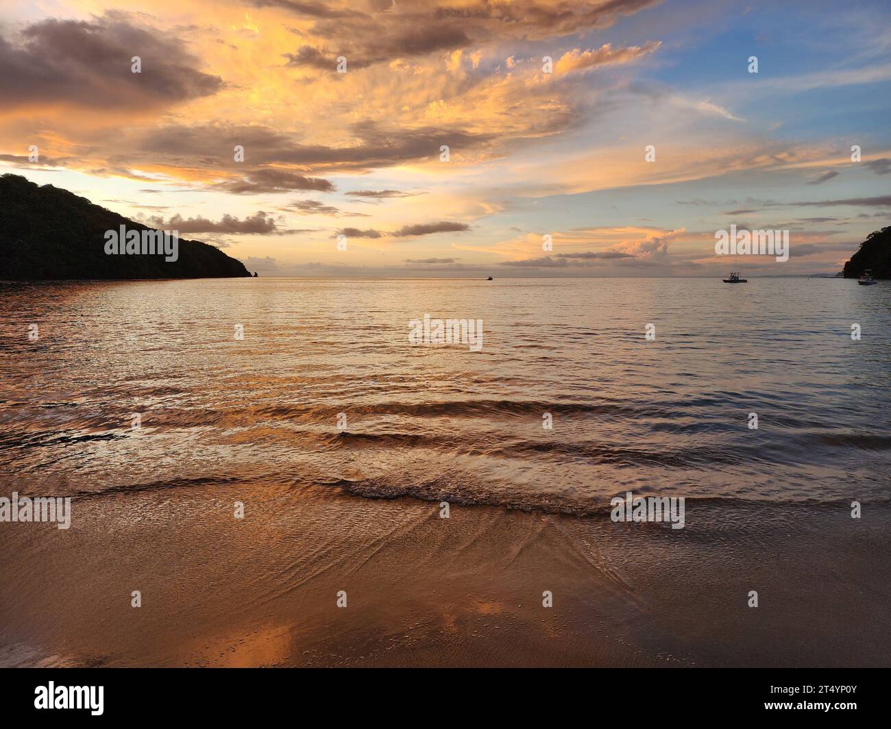 Yellow sunset landscape over ocean bay background Stock Photo - Alamy
