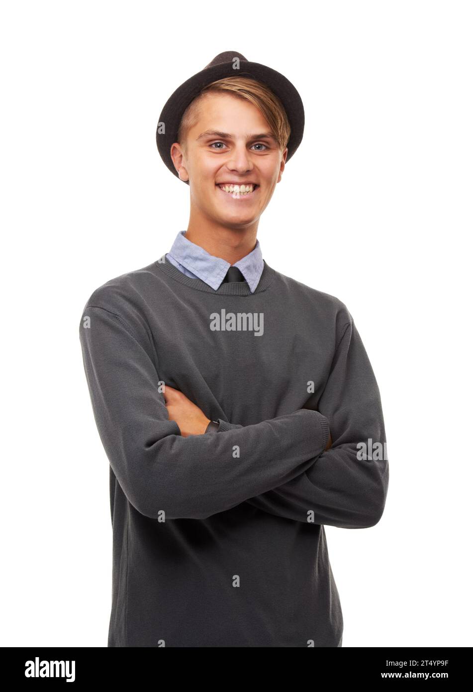 Portrait, man and hipster with arms crossed, smile and employee isolated on white studio ...