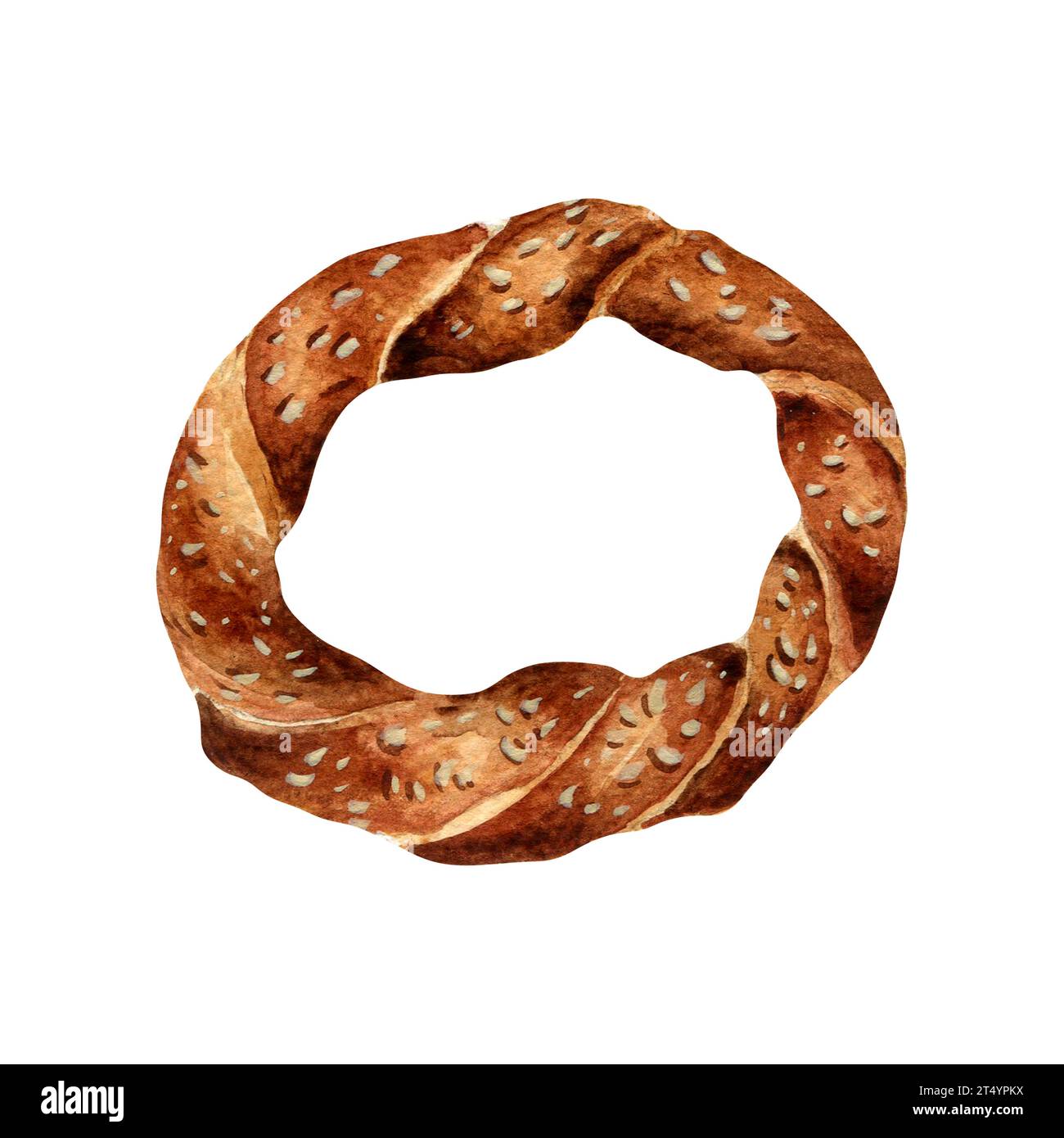 Fresh whole Turkish simit with sesame watercolor illustration isolated ...