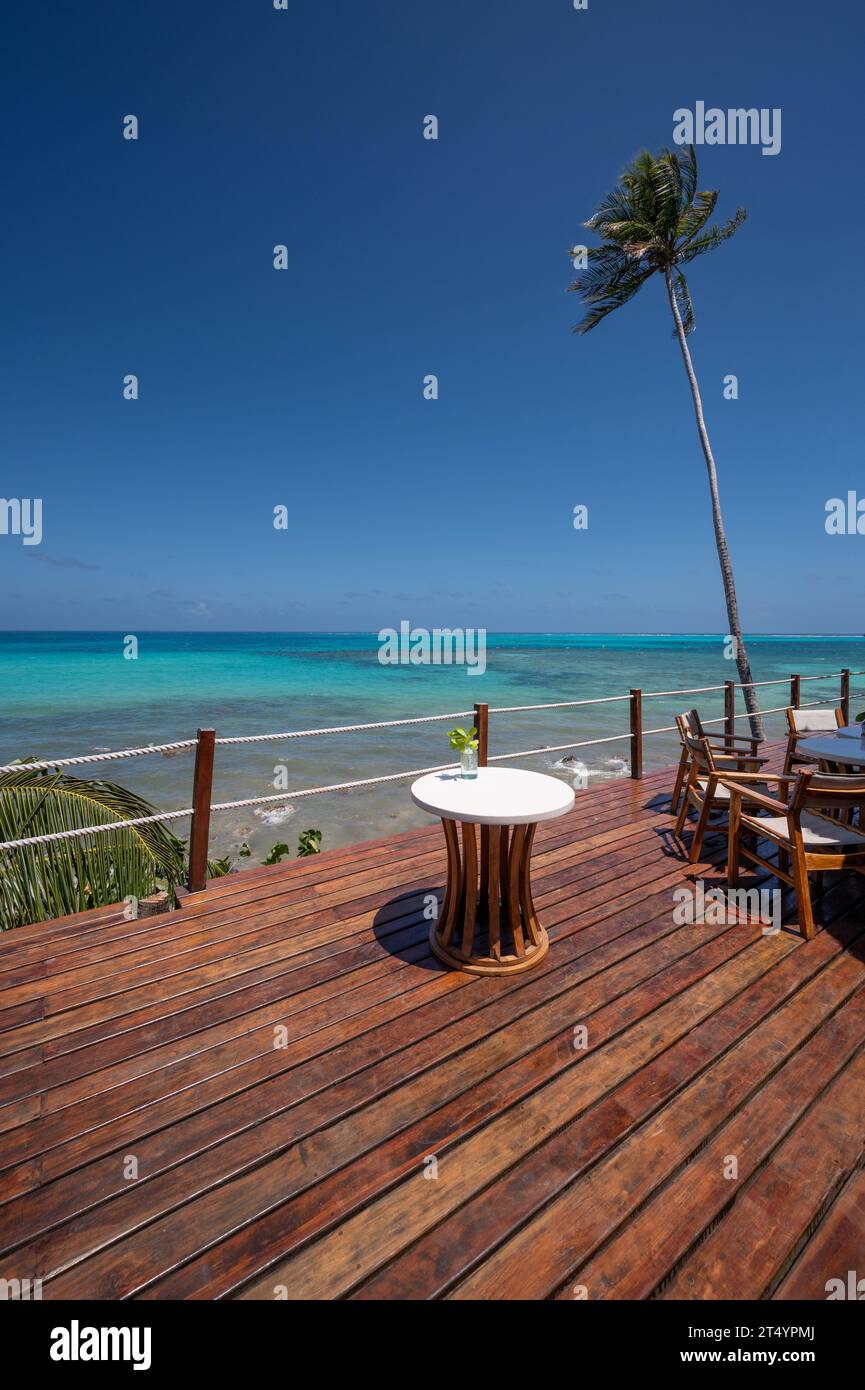 Wooden empty terrace with tables infront of beach background Stock ...