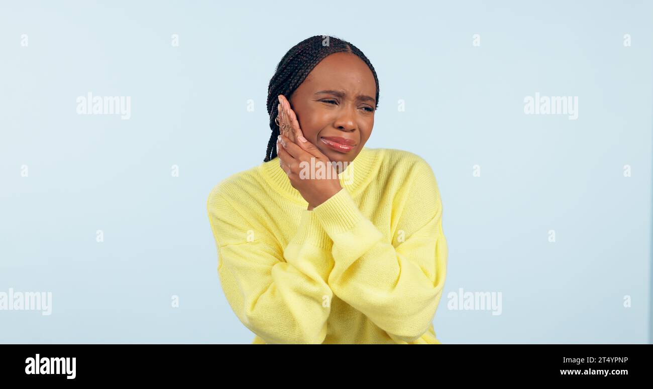 Black woman, toothache and inflammation with pain, unhappy and ...