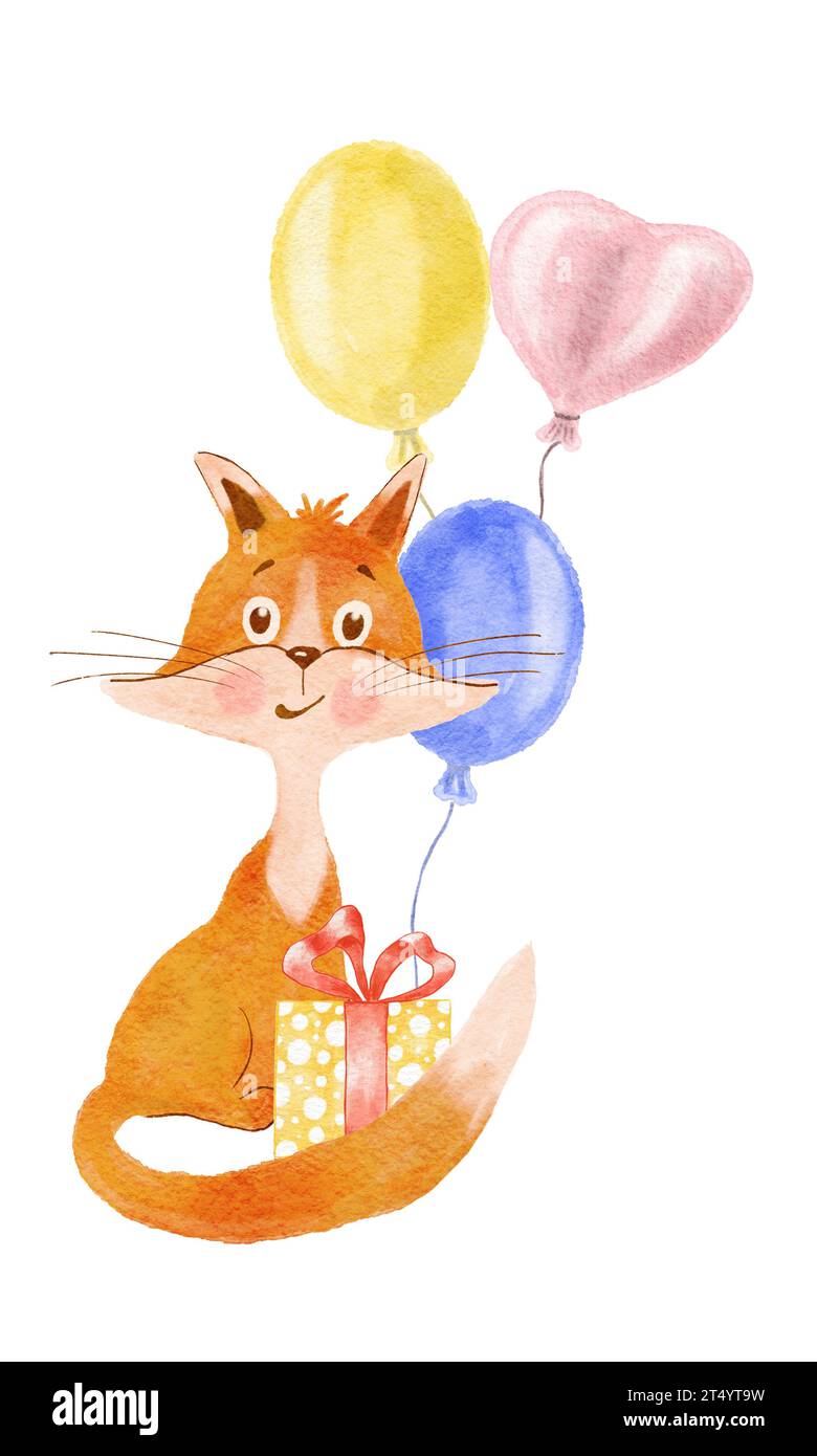 Watercolor illustration of a fox with balloons. Fox isolated on white ...