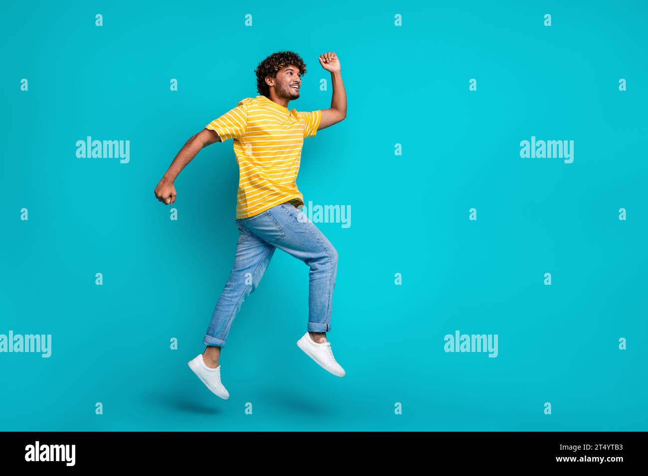 Full body profile portrait of crazy sportive person jumping running ...