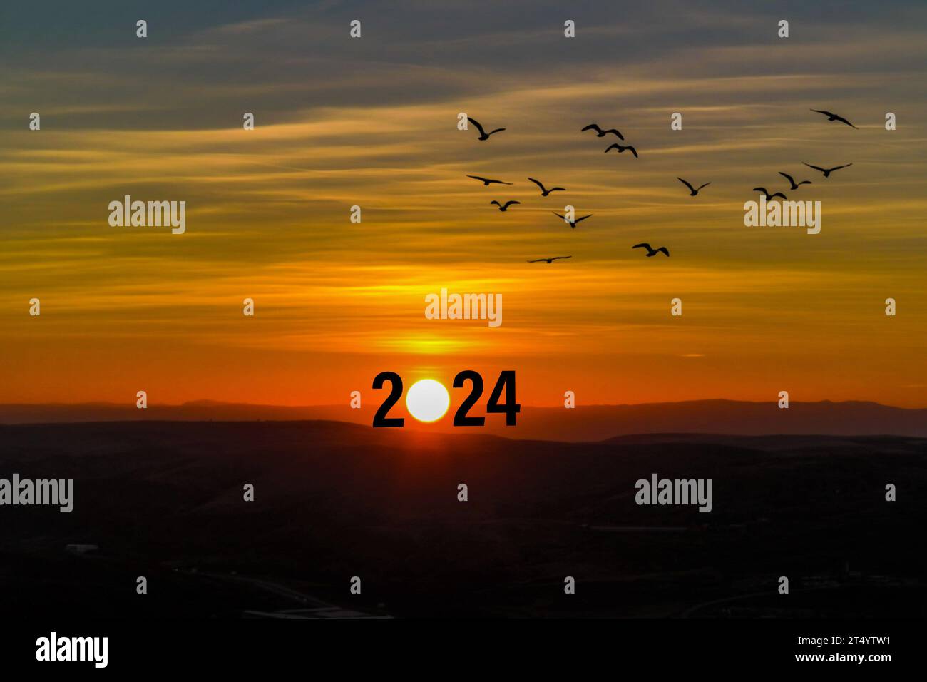 Transition from 2023 to new year 2024 concept with text on sun rising ...