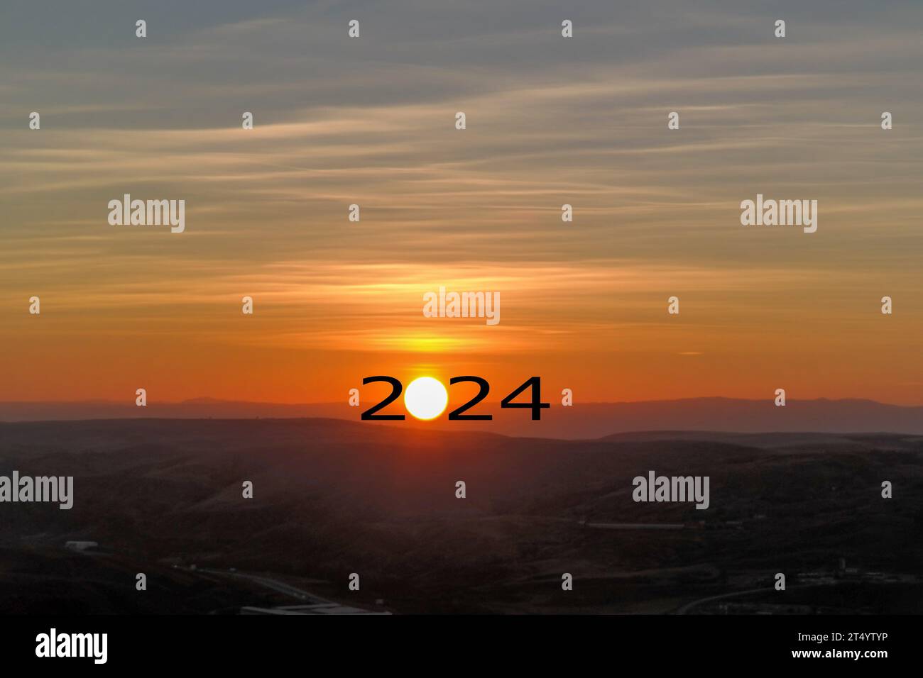 Transition from 2023 to new year 2024 concept with text on sun rising ...