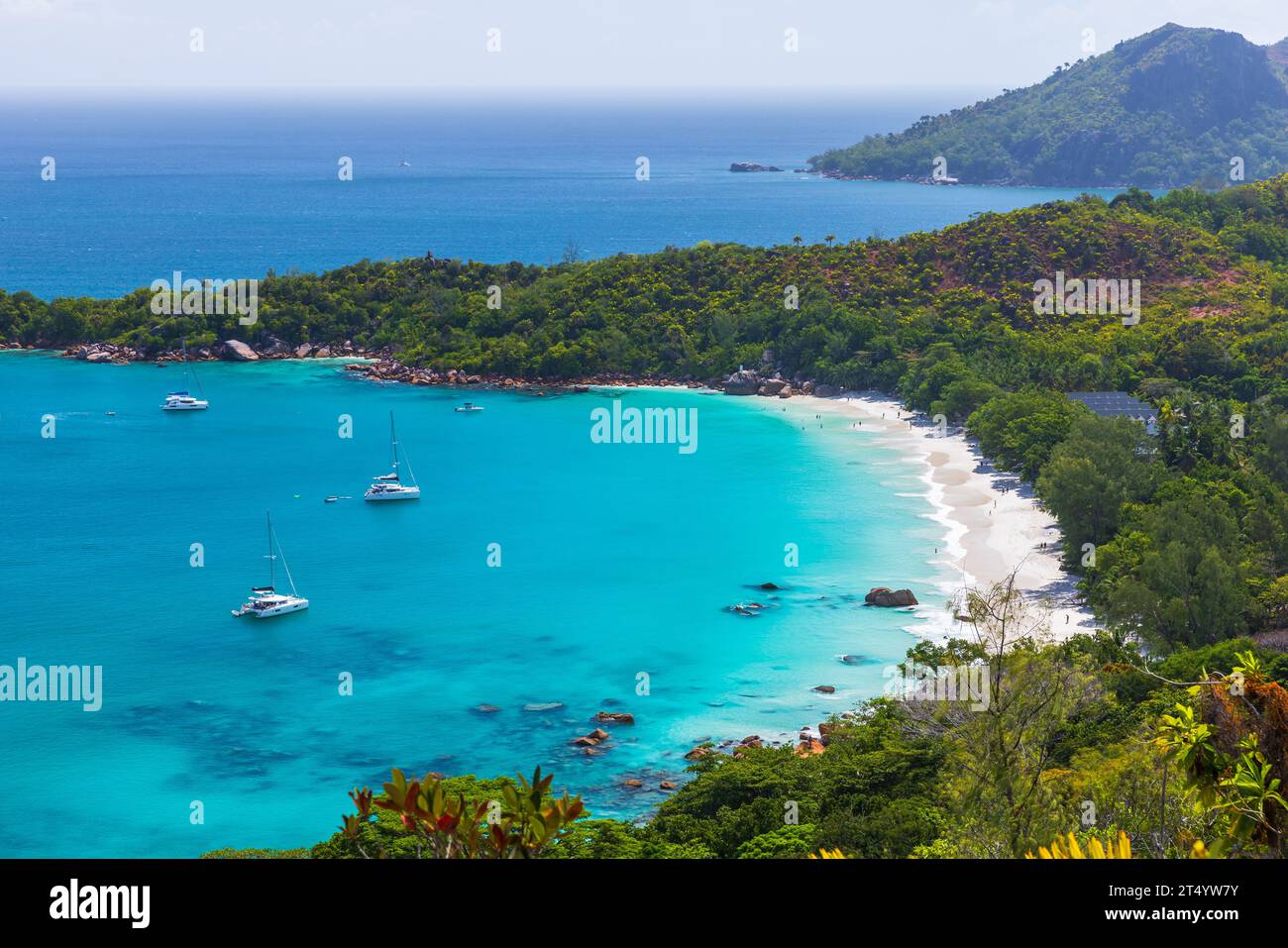 Aerial photo of Anse Lazio beach on a sunny day. Praslin island coastal ...