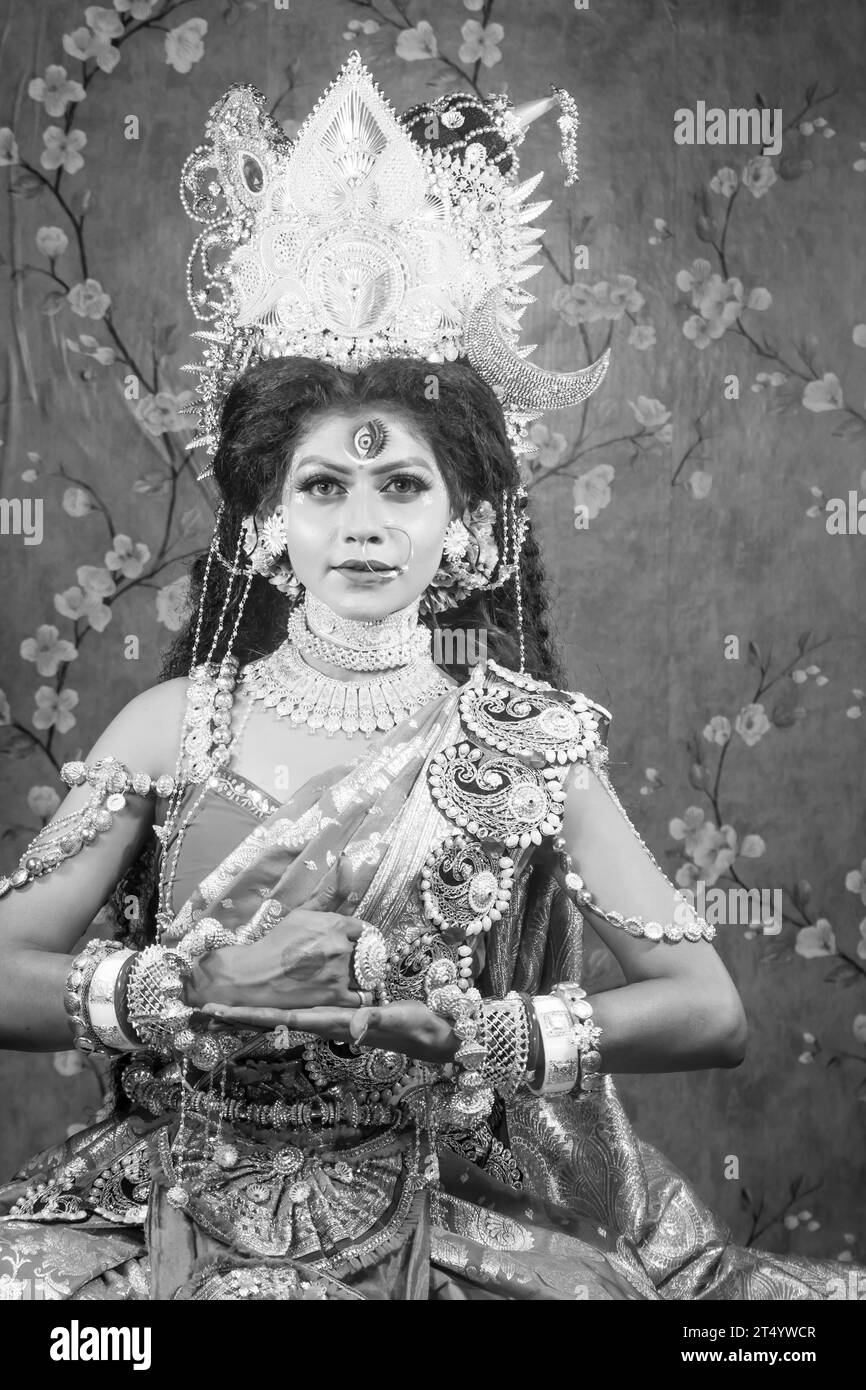 Portrait Of Beautiful Indian Girl Of Durga Idol Agomoni Concept Indoor