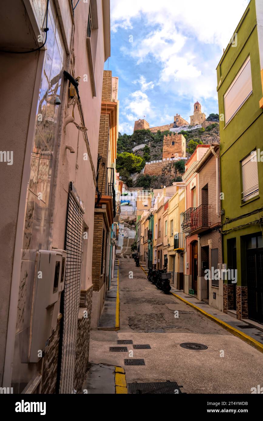 Cullera Spain old town with narrow streets and view to castle historic ...