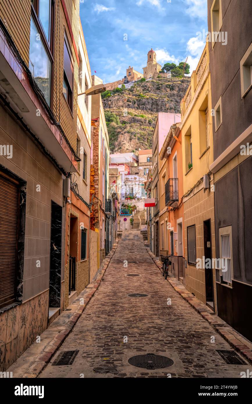 Cullera spanish old town with narrow streets and view to castle ...