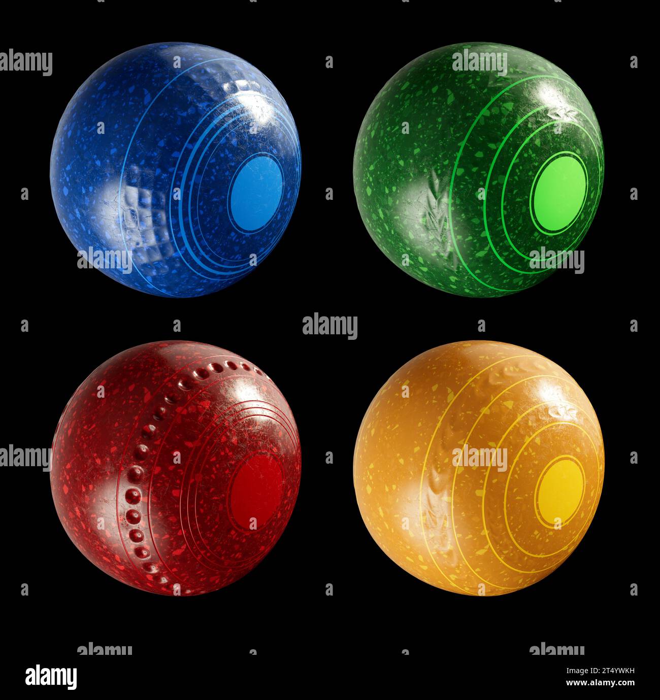 A collection of modern lawn bowling balls with various engraved ...