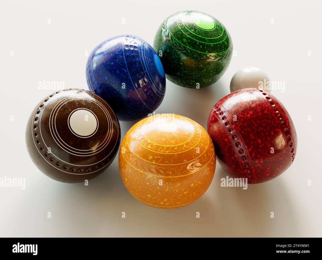 A collection of modern lawn bowling balls with various engraved ...