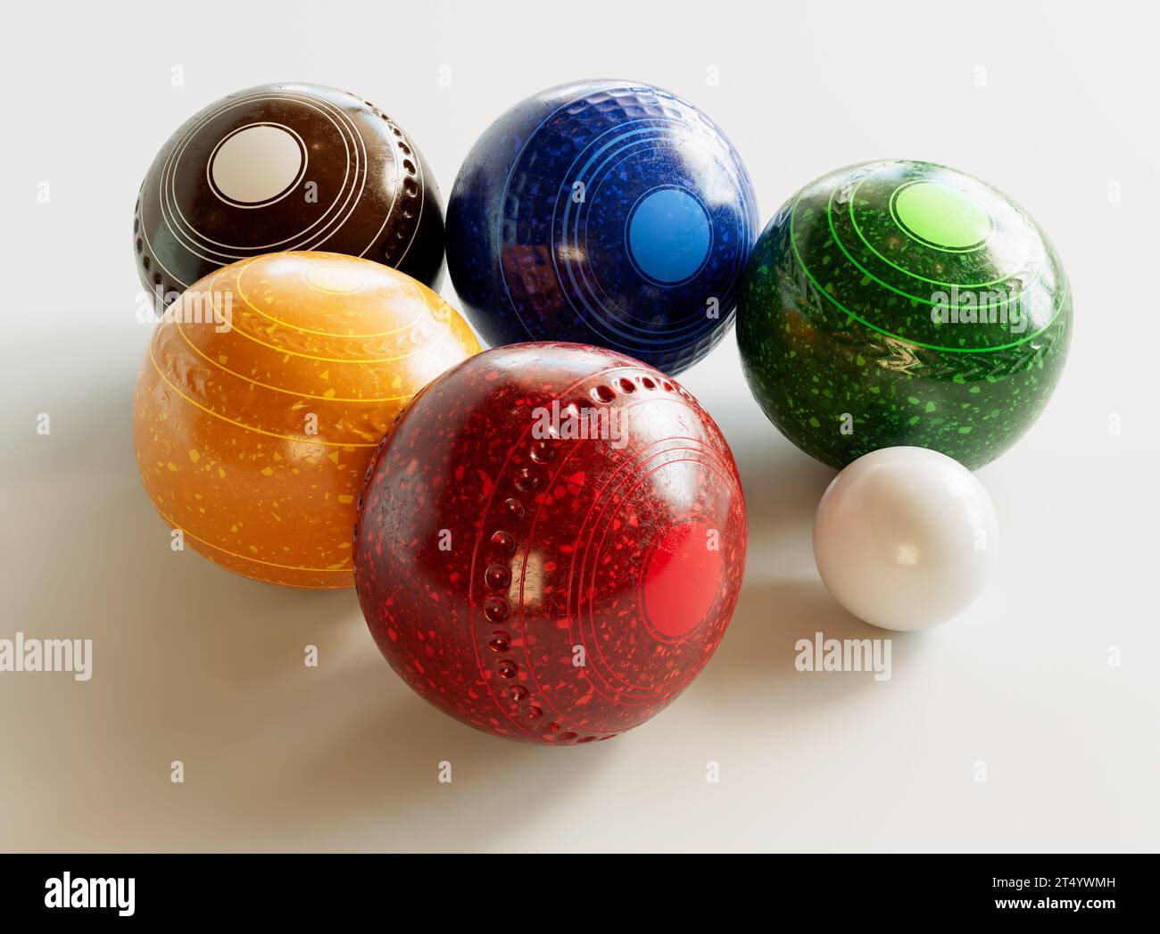 A collection of modern lawn bowling balls with various engraved ...